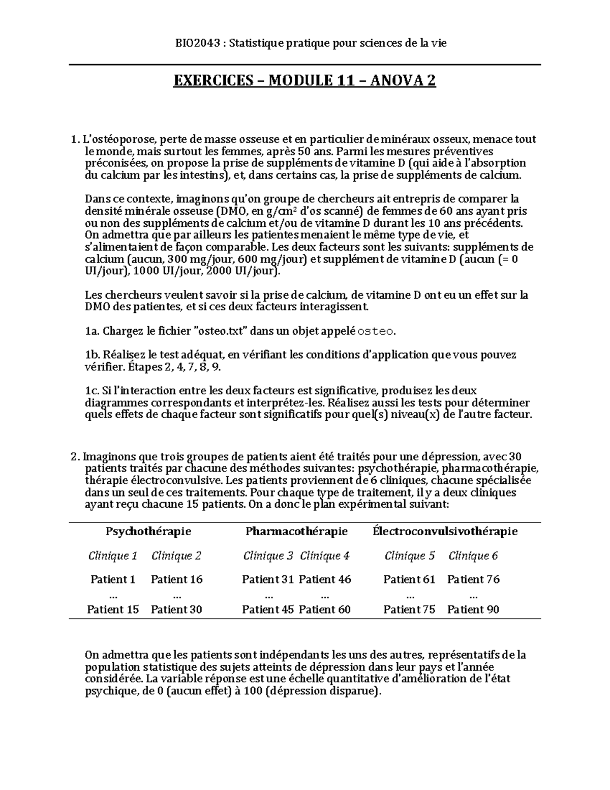 BIO2043 Exercices Module 11: ANOVA 2 et Statistiques Pratiques - Studocu