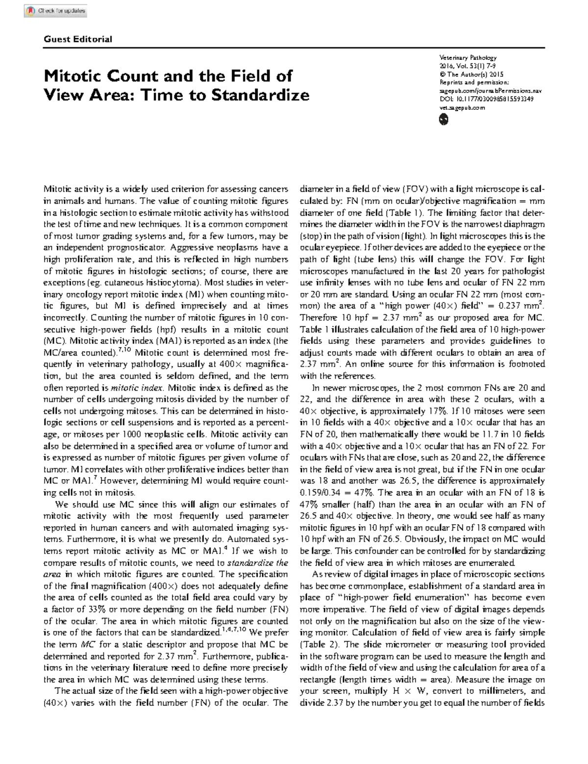 Mitotic Count Standardization: Aligning MC with FOV Area in Vet ...