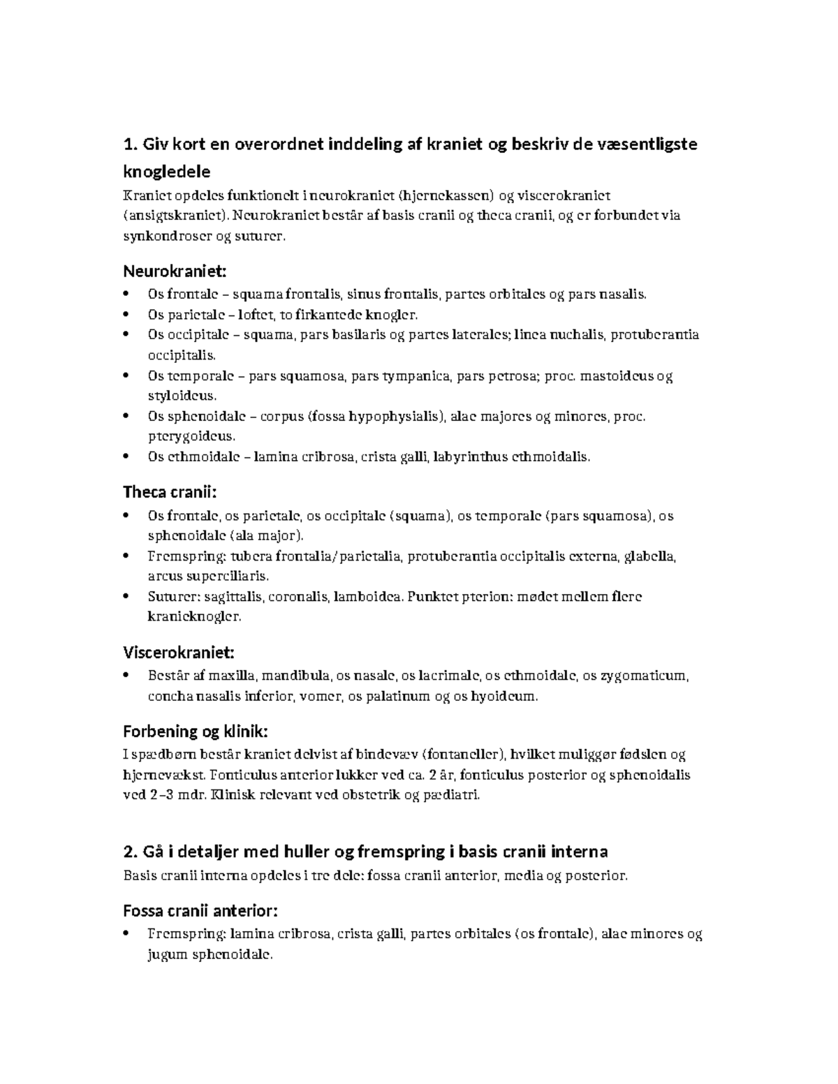 Kraniet - Overordnet Inddeling og Detaljeret Beskrivelse til Eksamen ...