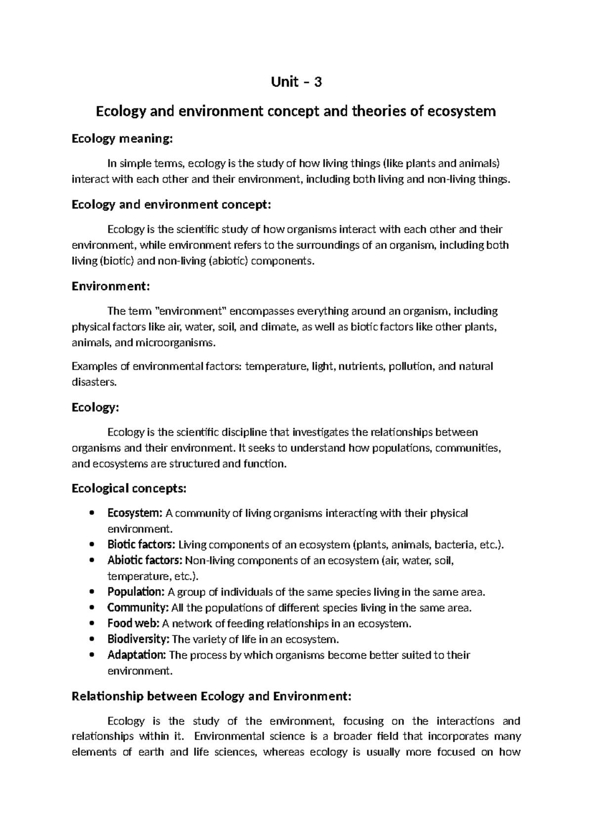 Unit 3 Ecology & Environment: Concepts & Theories of Ecosystems - Studocu