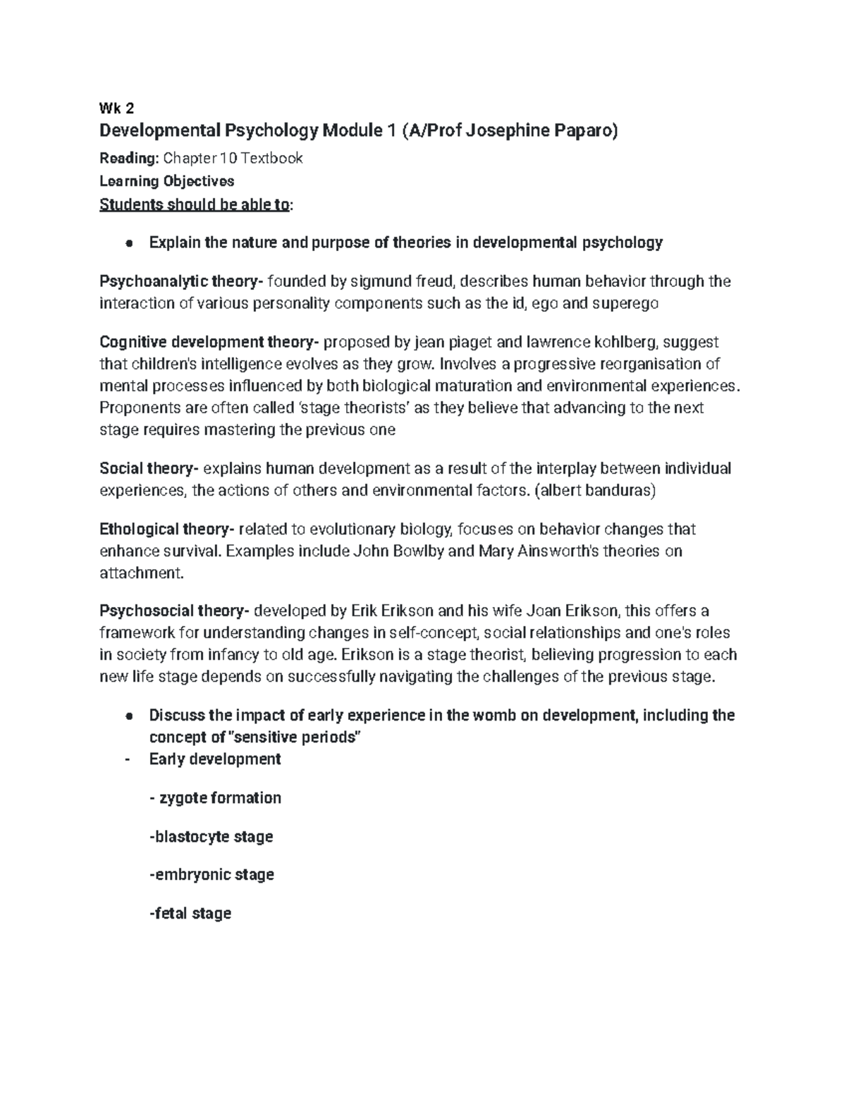 1102 - Developmental Psychology Module 1 & 2 Notes on Key Theories and ...