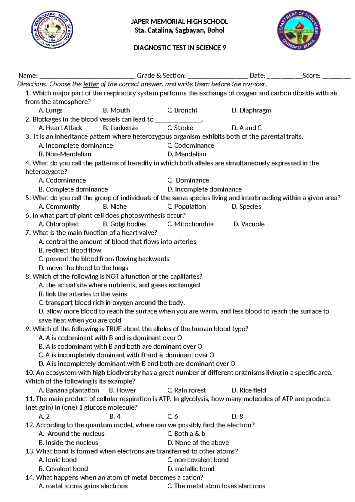 Diagnostic Test in Science 9 - Answer Key and Questions - Studocu