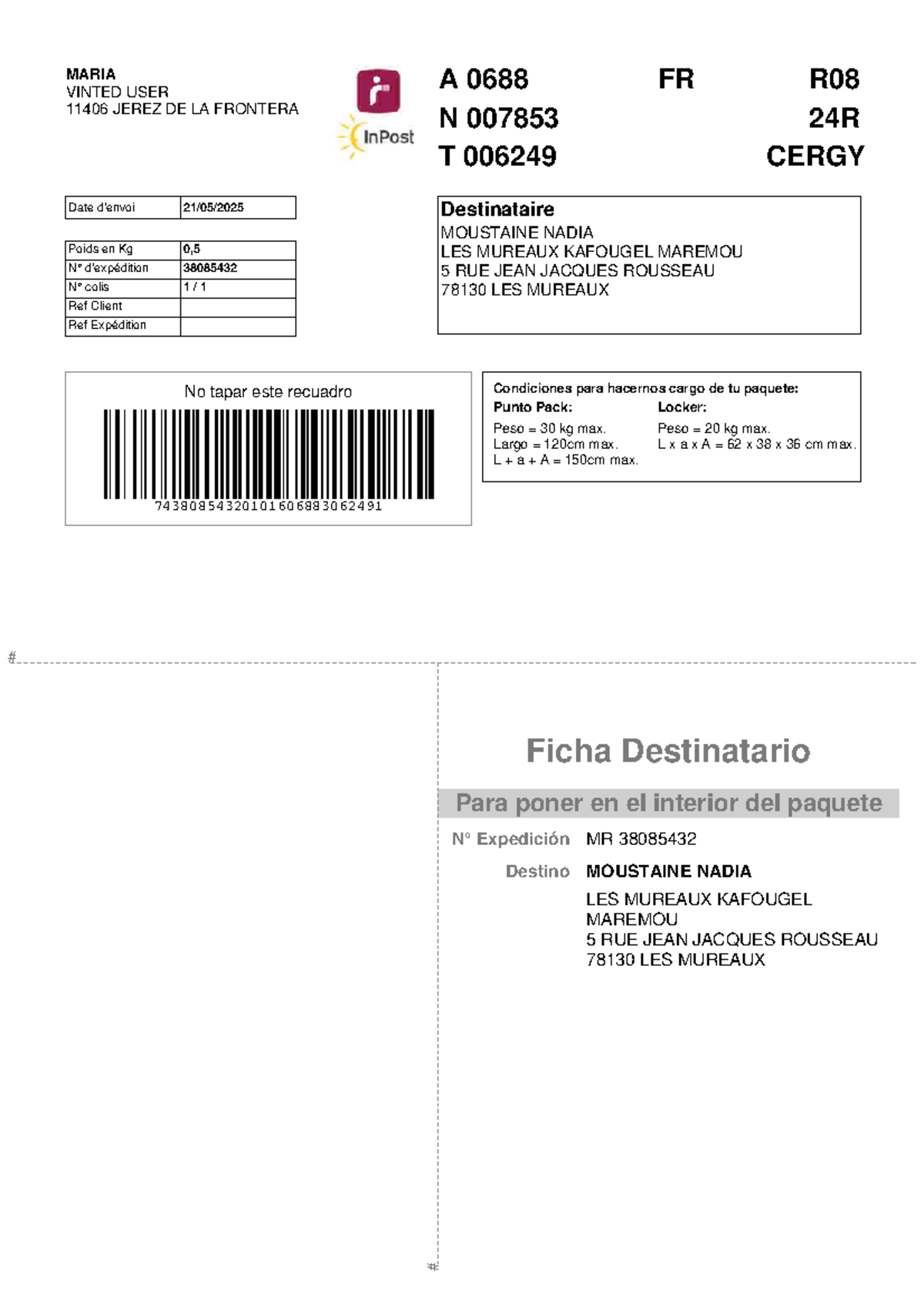 Vinted Shipping Label - MR 38085432 for Moustaine Nadia - Studocu