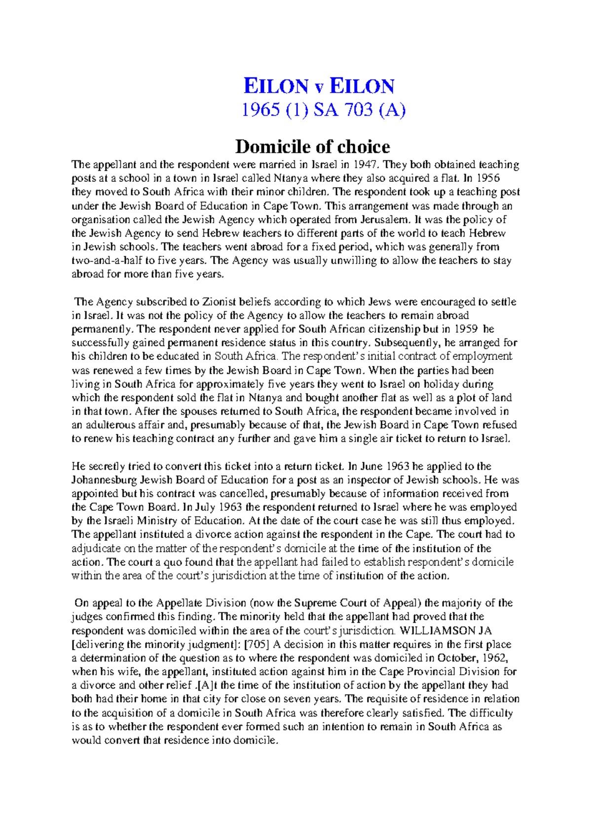 EILON v EILON 1965 (1) SA 703 (A) - Domicile of Choice Analysis - Studocu