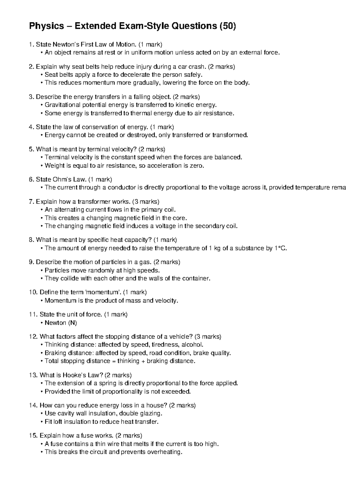 Physics Extended Questions (50) - Key Concepts and Explanations - Studocu