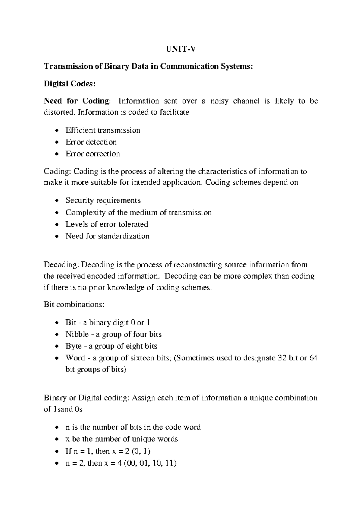 POC UNIT-V: Transmission of Binary Data in Communication Systems - Studocu