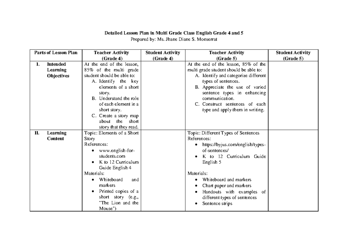 Detailed Lesson Plan for Multi-Grade English (Grades 4 & 5) - Studocu