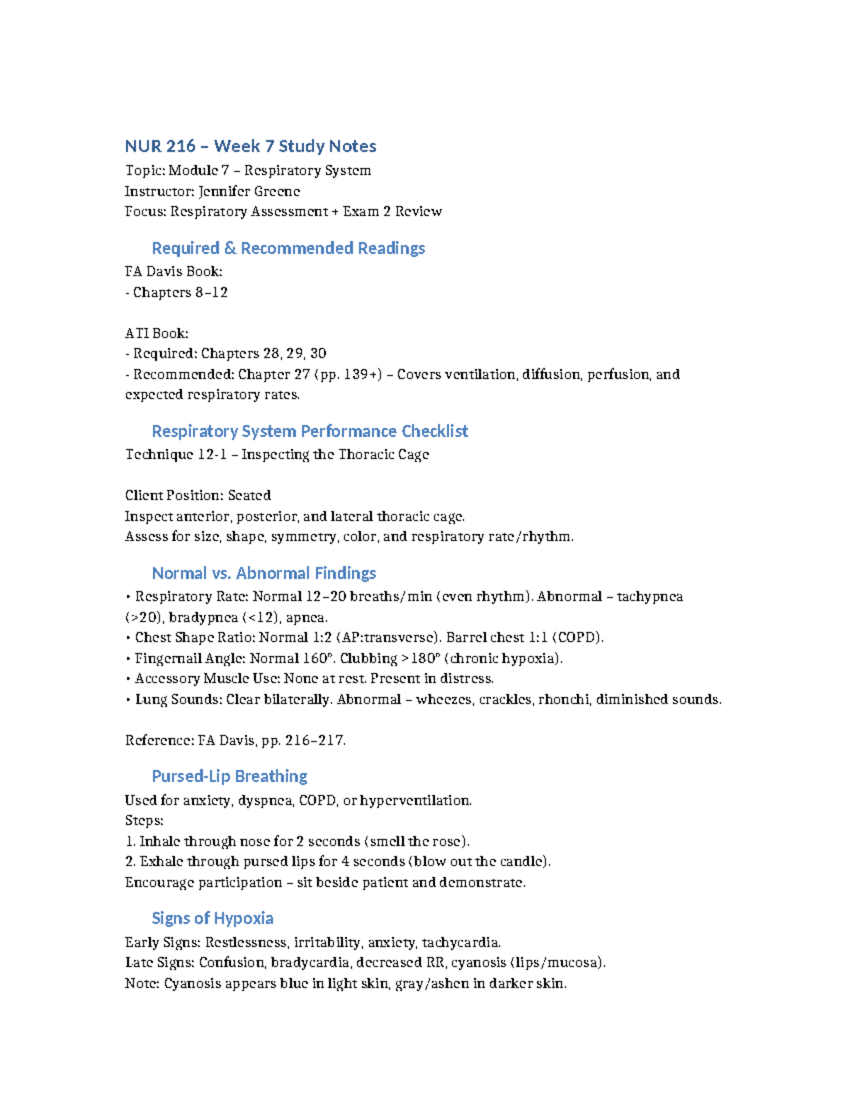 NUR 216 Week 7 Respiratory System Assessment Study Notes - Studocu