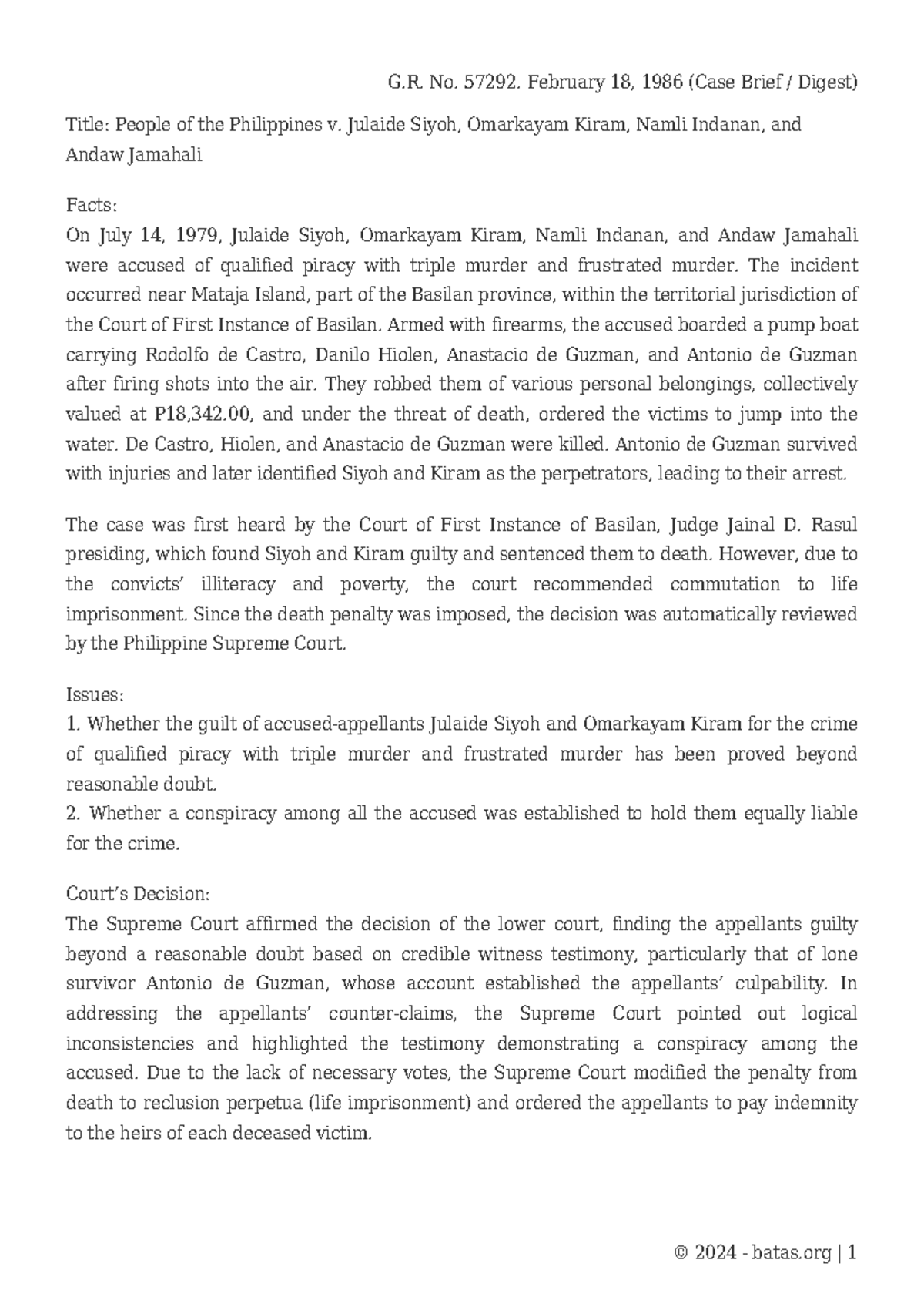 G.R. No. 57292 - Case Brief Digest: People v. Siyoh et al. - Studocu