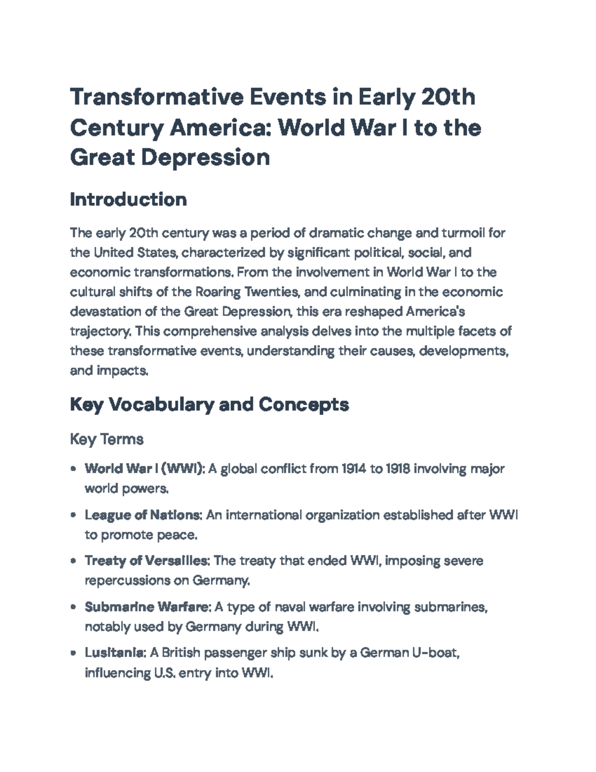 Transformative Events in Early 20th Century America: WWI to the Great ...