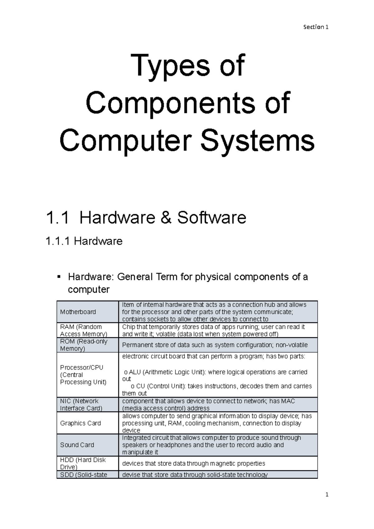 Section 1- Types of Components of Computer Systems - Types of Components of Computer Systems 1 ...