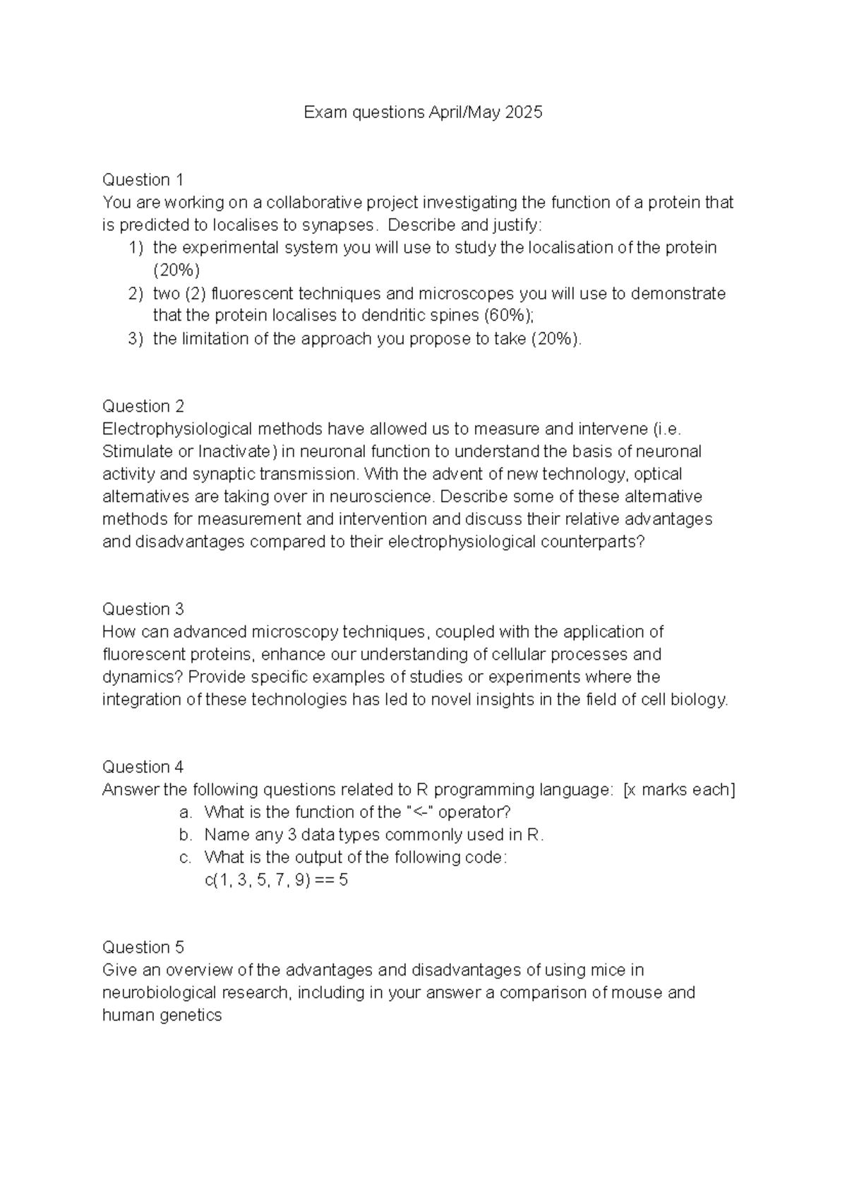 Exam Questions 2025: Neurobiology and R Programming Insights - Studocu