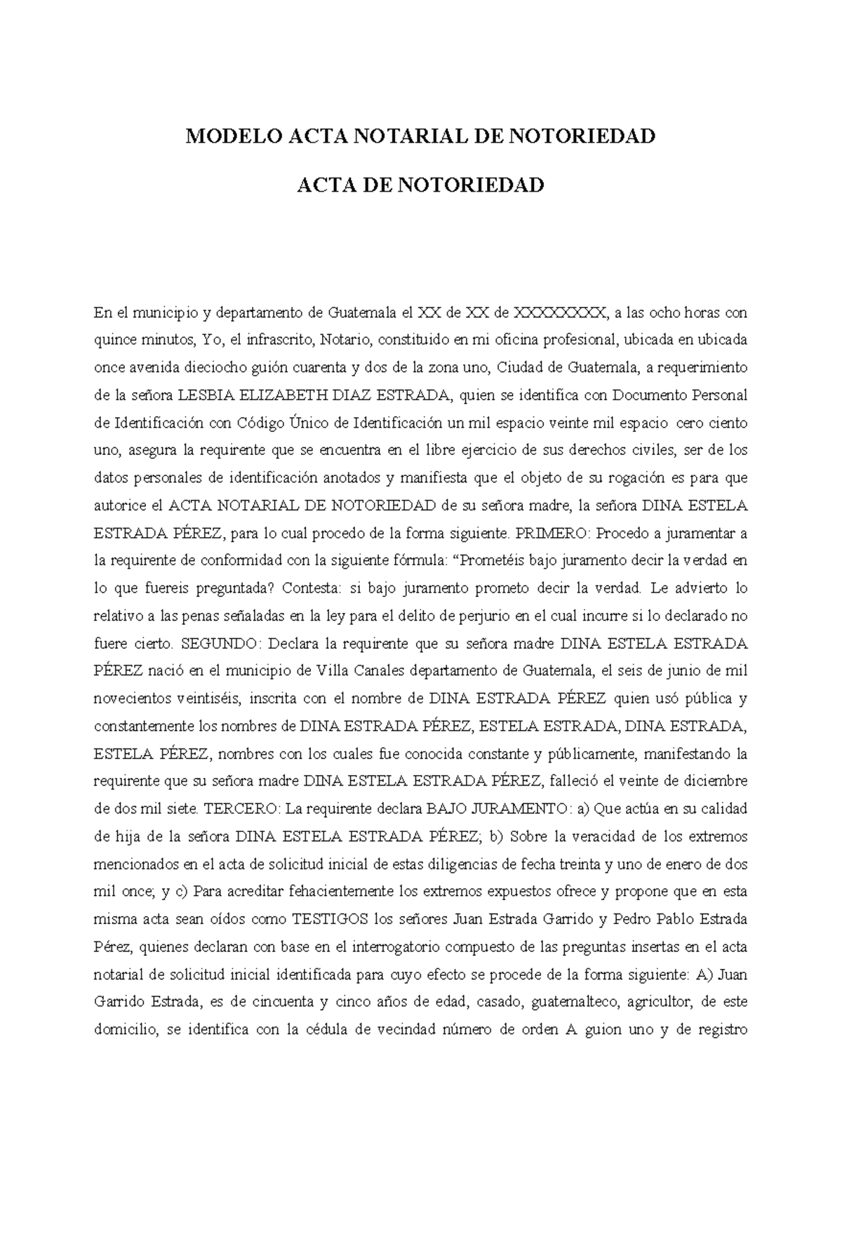 Modelo de Acta Notarial de Notoriedad - DNII SA - Studocu