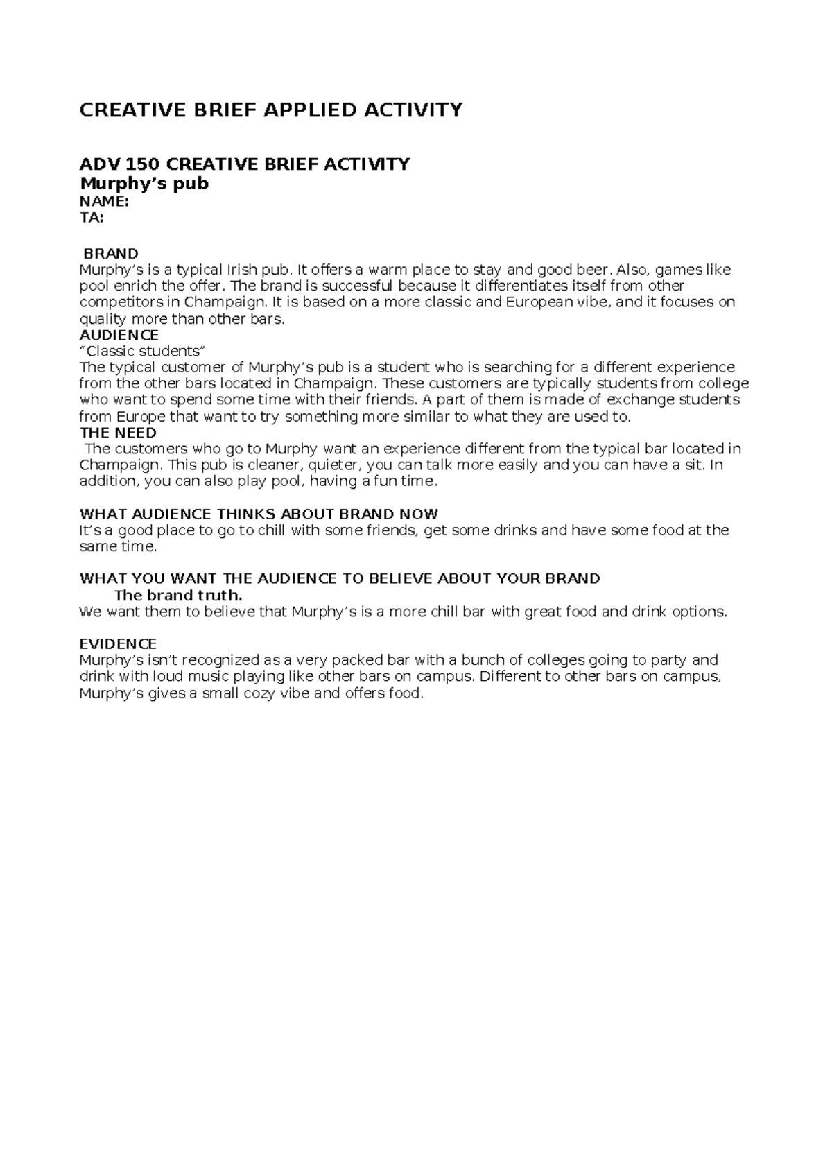 Creative brief activity for ADV 150: Brand analysis of typical Irish ...