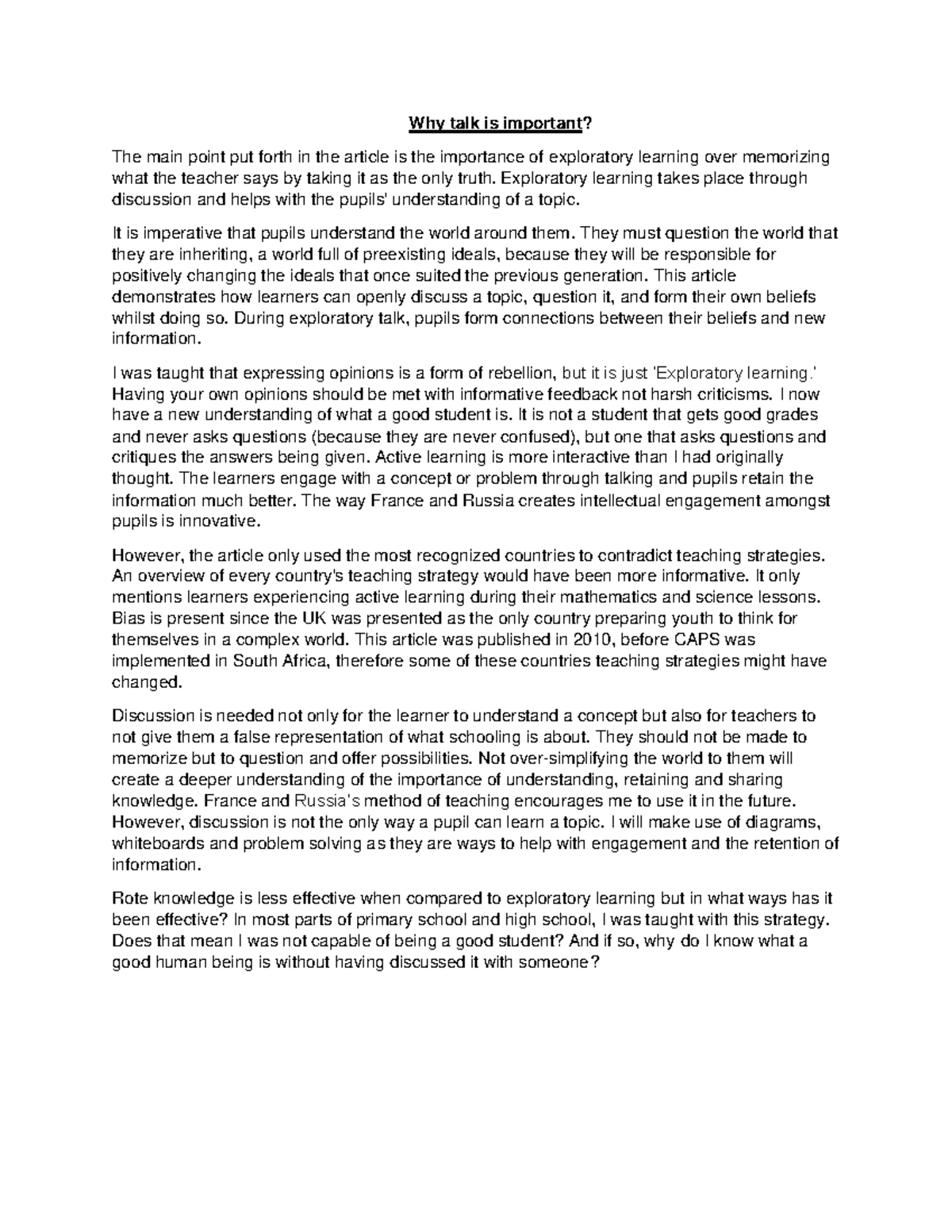 Article Reading reflection - foundation phase - CPUT - Studocu