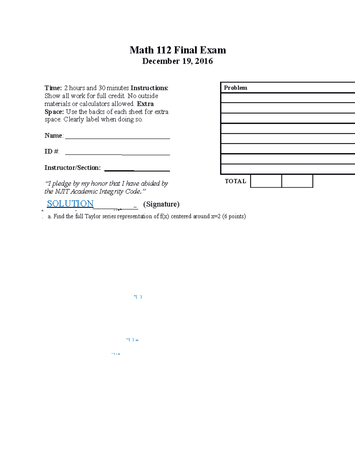 Calc112 Fall 2016 Final Exam Solutions with Detailed Steps - Studocu