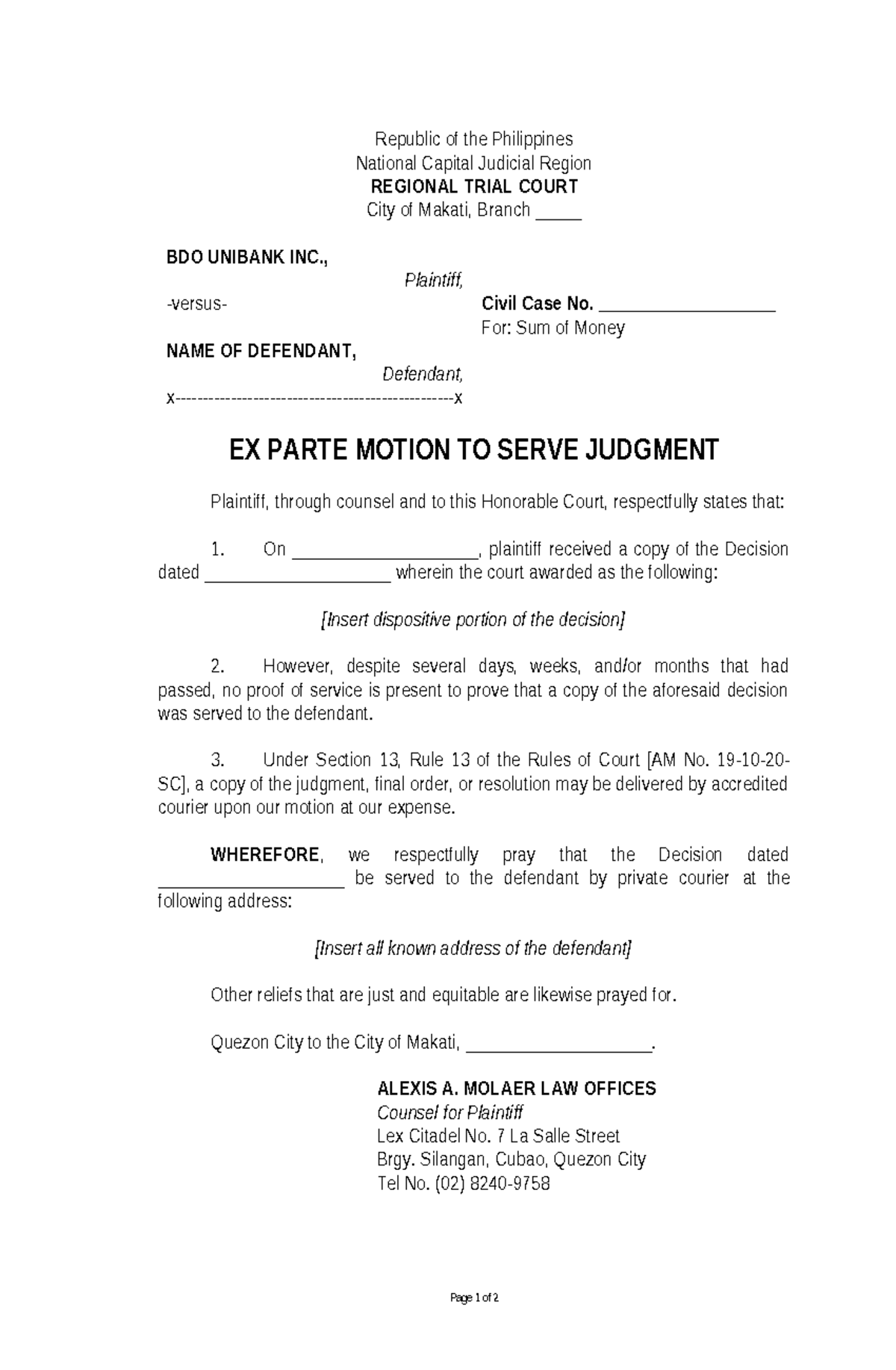 Ex Parte Motion to Serve Judgment - Civil Case No. [Insert Case ...
