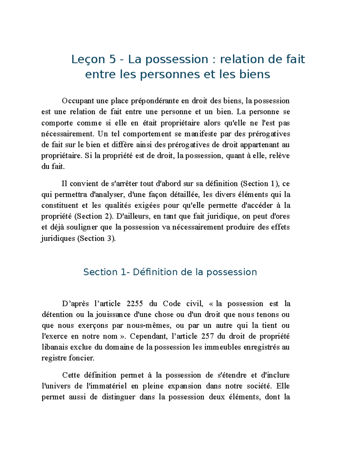 Leçon 5 - La possession et ses éléments constitutifs dans le Droit des ...