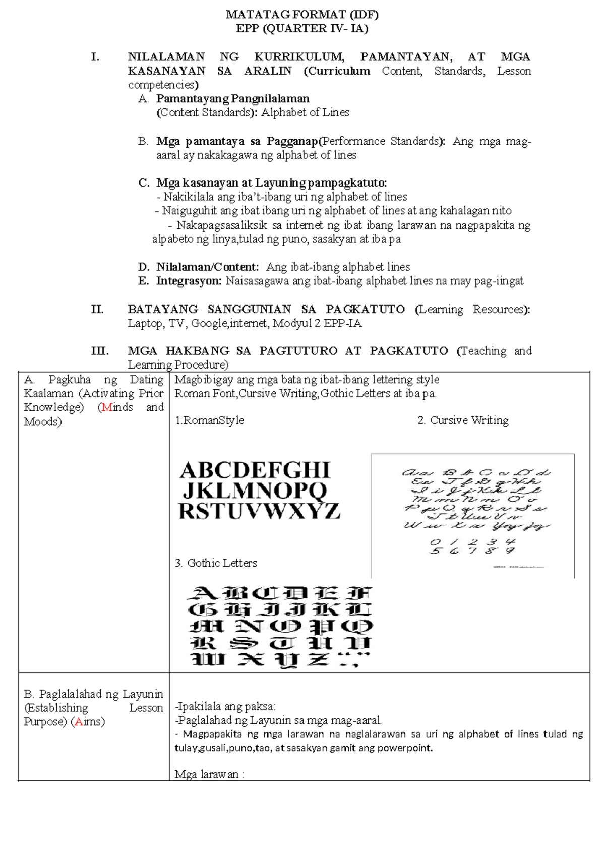 EPP4 Lesson Plan: Understanding Alphabet of Lines in Matatag Format ...