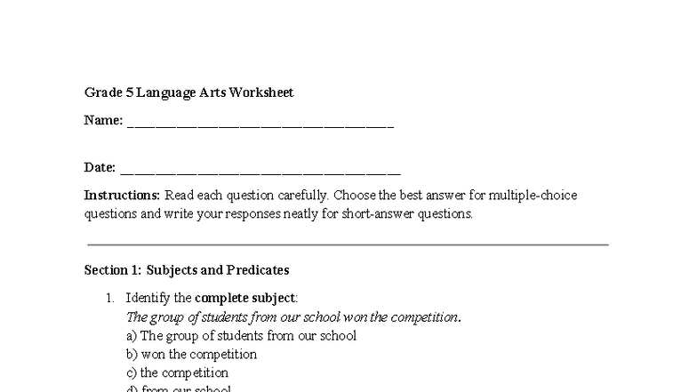 Grade 5 L ELQ94Vp Qq Sw 81Zp5GNF Language Arts Worksheet - Studocu