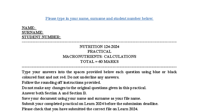 Macronutrient Calculations: Practical Assessment (Total 60 Marks) - Studocu