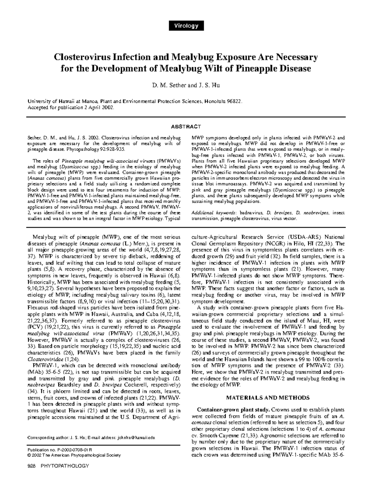 Virology 2002: Closterovirus & Mealybug Impact on Pineapple Wilt - Studocu