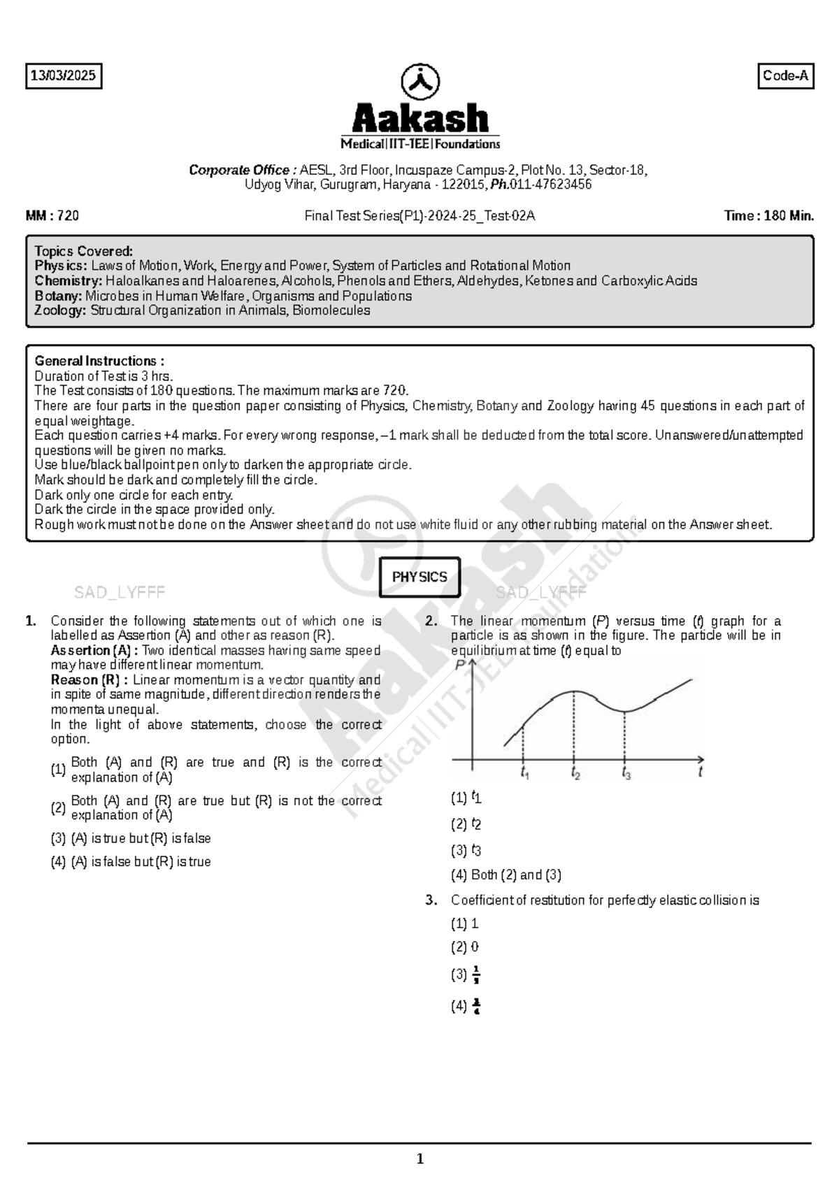 FTS 2 CODE A - Mock Test on Physics, Chemistry, Botany, and Zoology ...