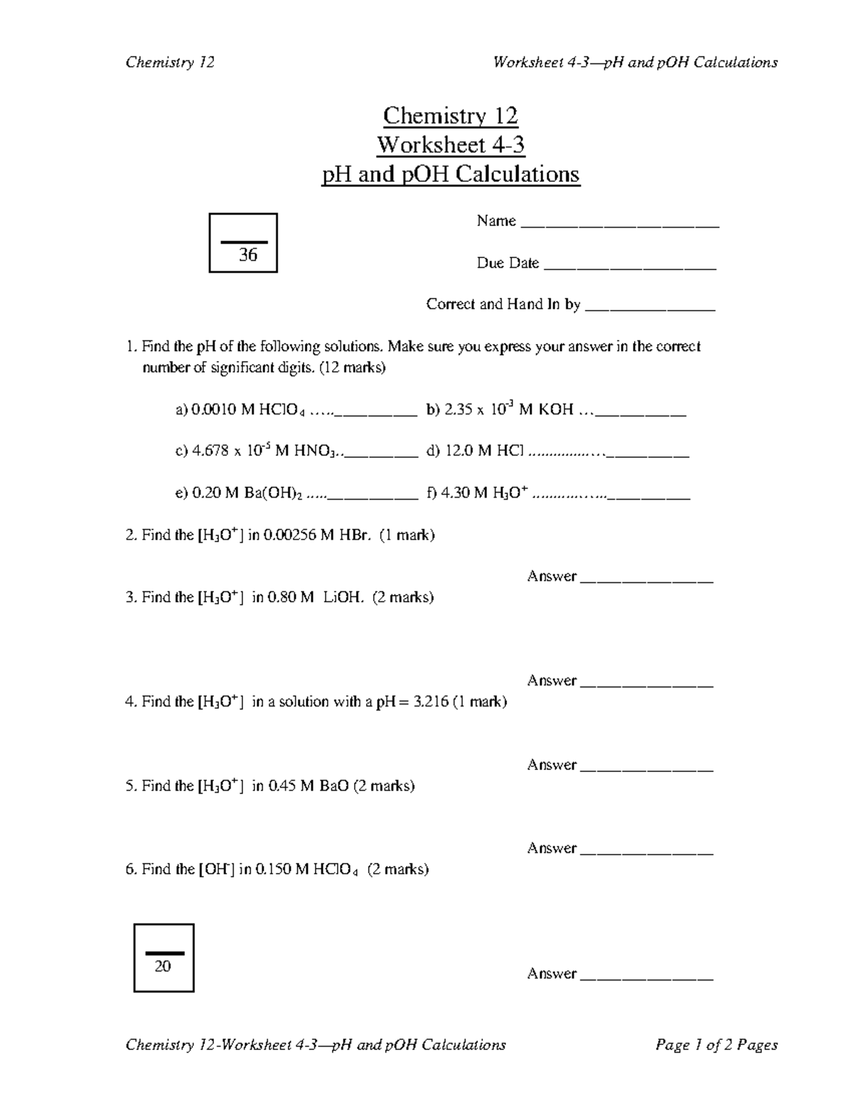 Chemistry 12 - pH and pOH Calculations Worksheet 4-3 - Studocu