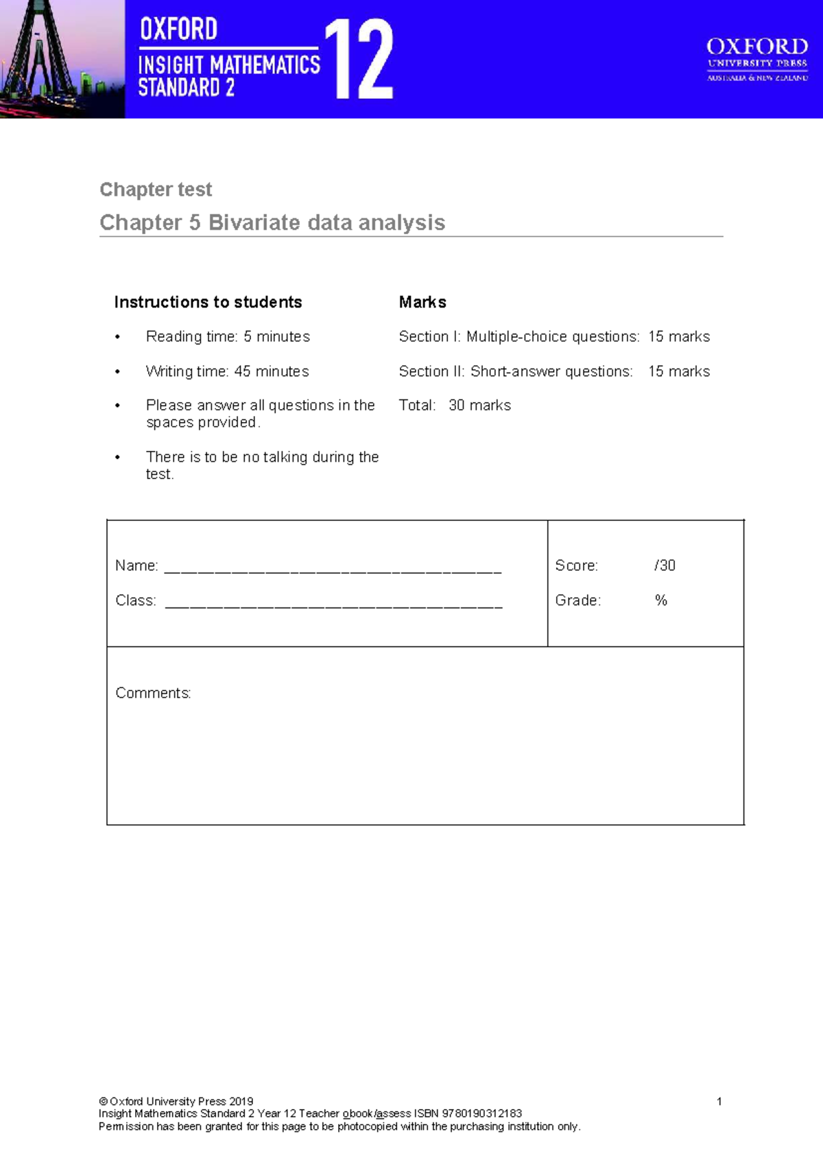 Bivariate Data Test (Year 12) - Chapter 5 Analysis - Studocu