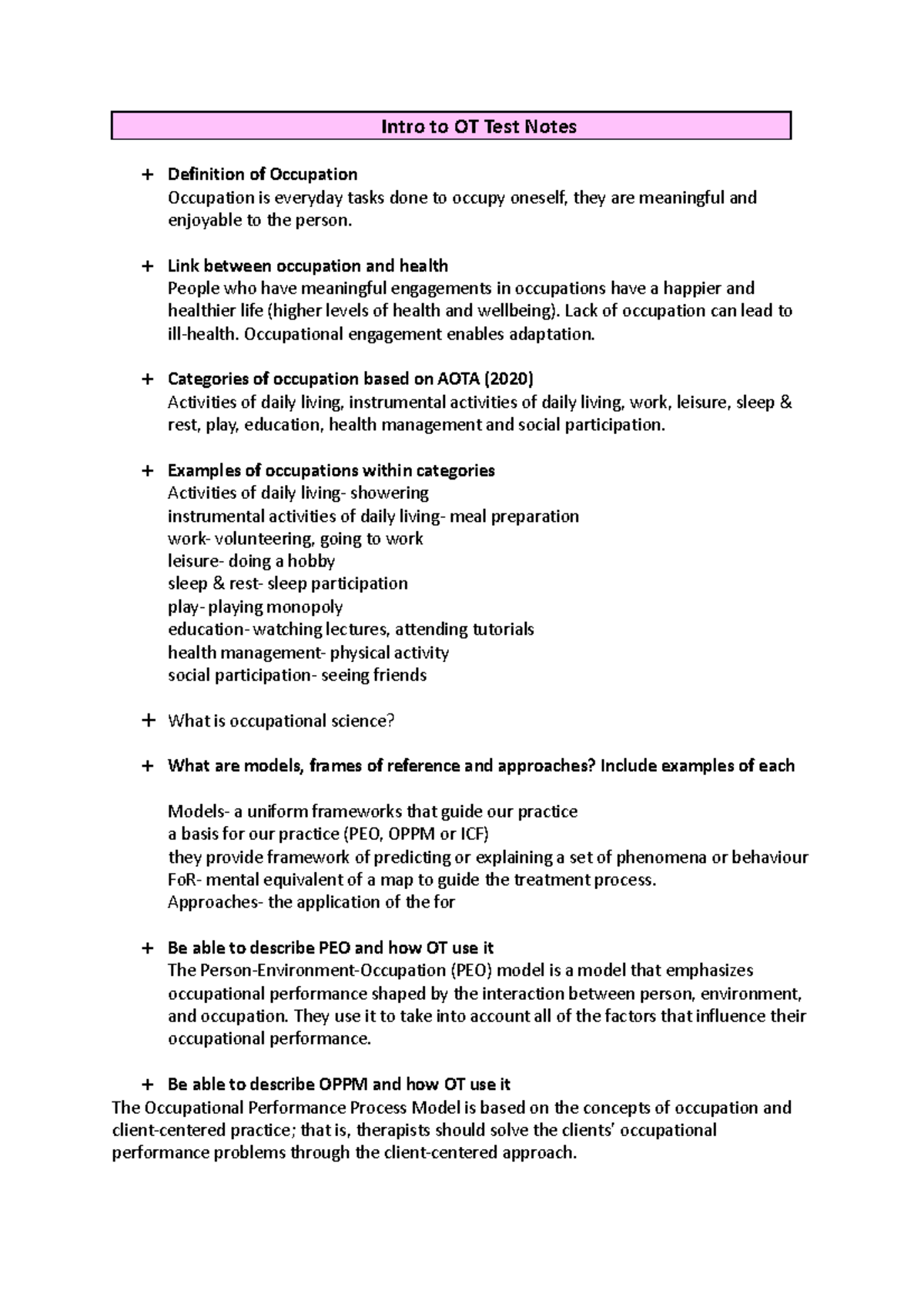 Intro to OT Test Notes - Intro to OT Test Notes Definition of ...