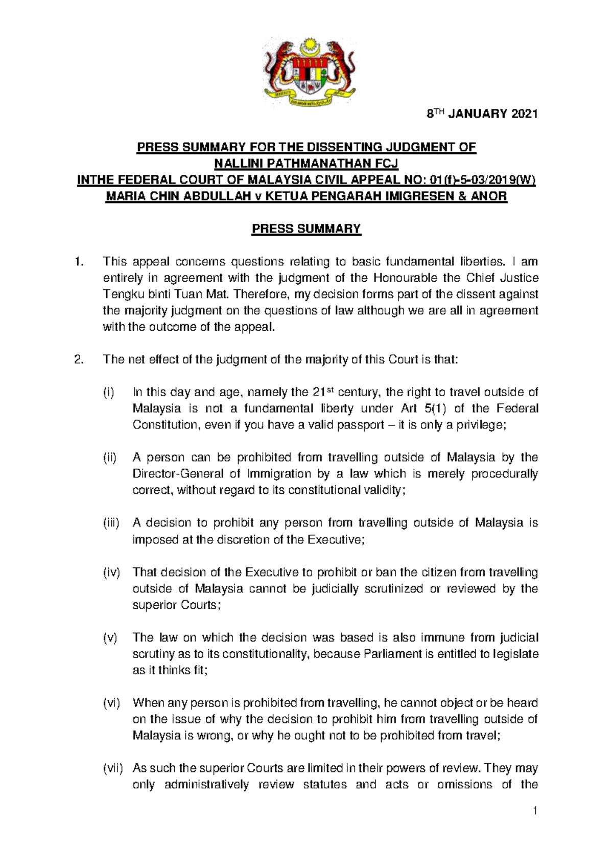 Press Summary: Dissenting Judgment in Maria Chin Abdullah Case (FC) 8 ...