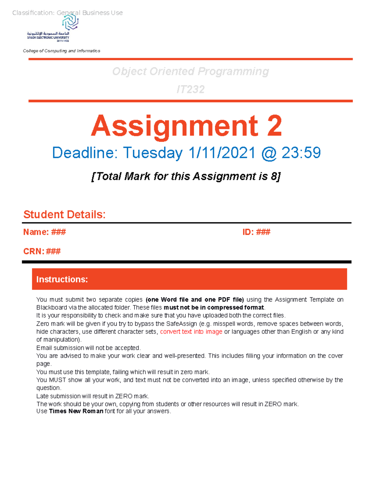 Questions-OOP-Assignment 2 -2022-2023-T1 - ####### College of Computing and Informatics - Studocu