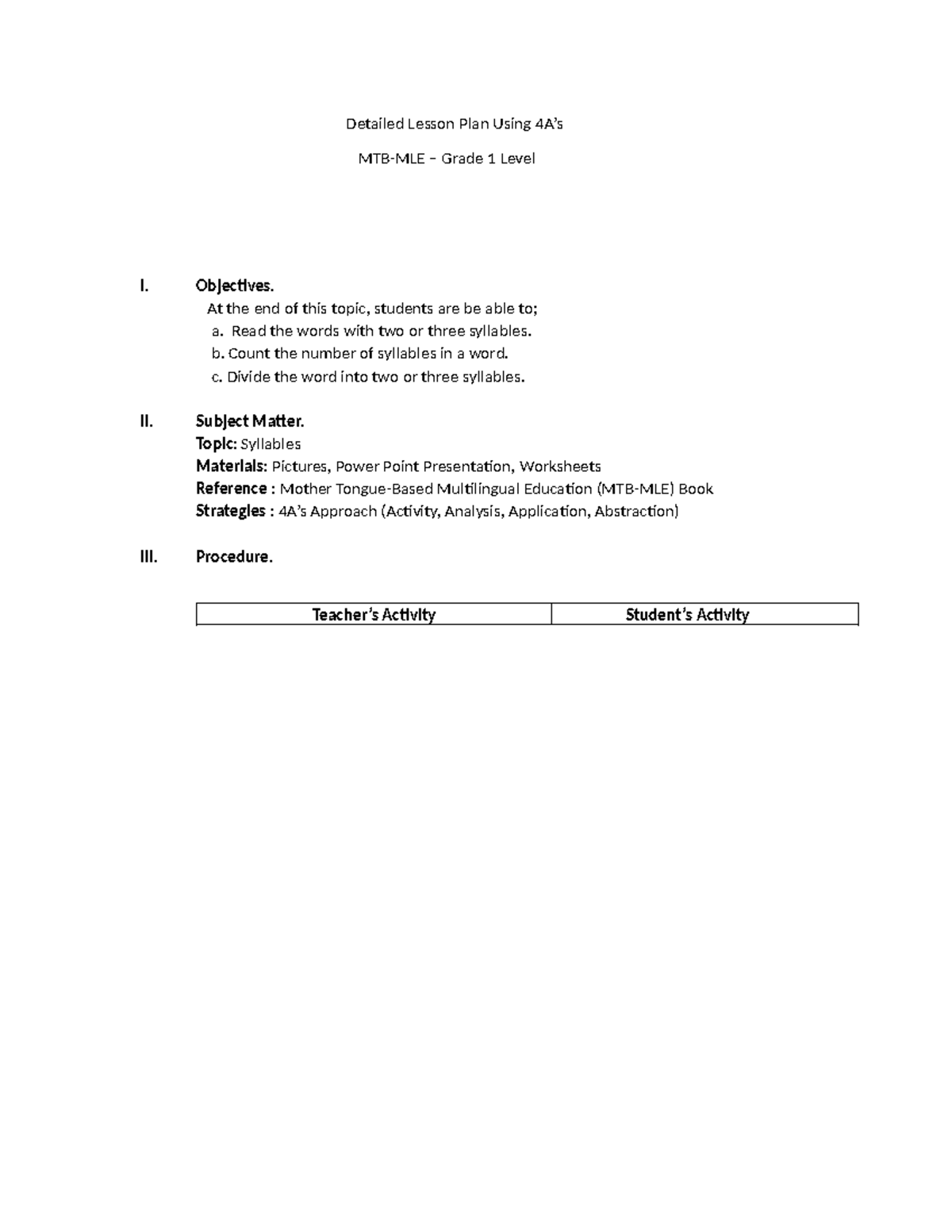 Detailed Lesson Plan: MTB-MLE Grade 1 - Syllables Using 4A Approach ...