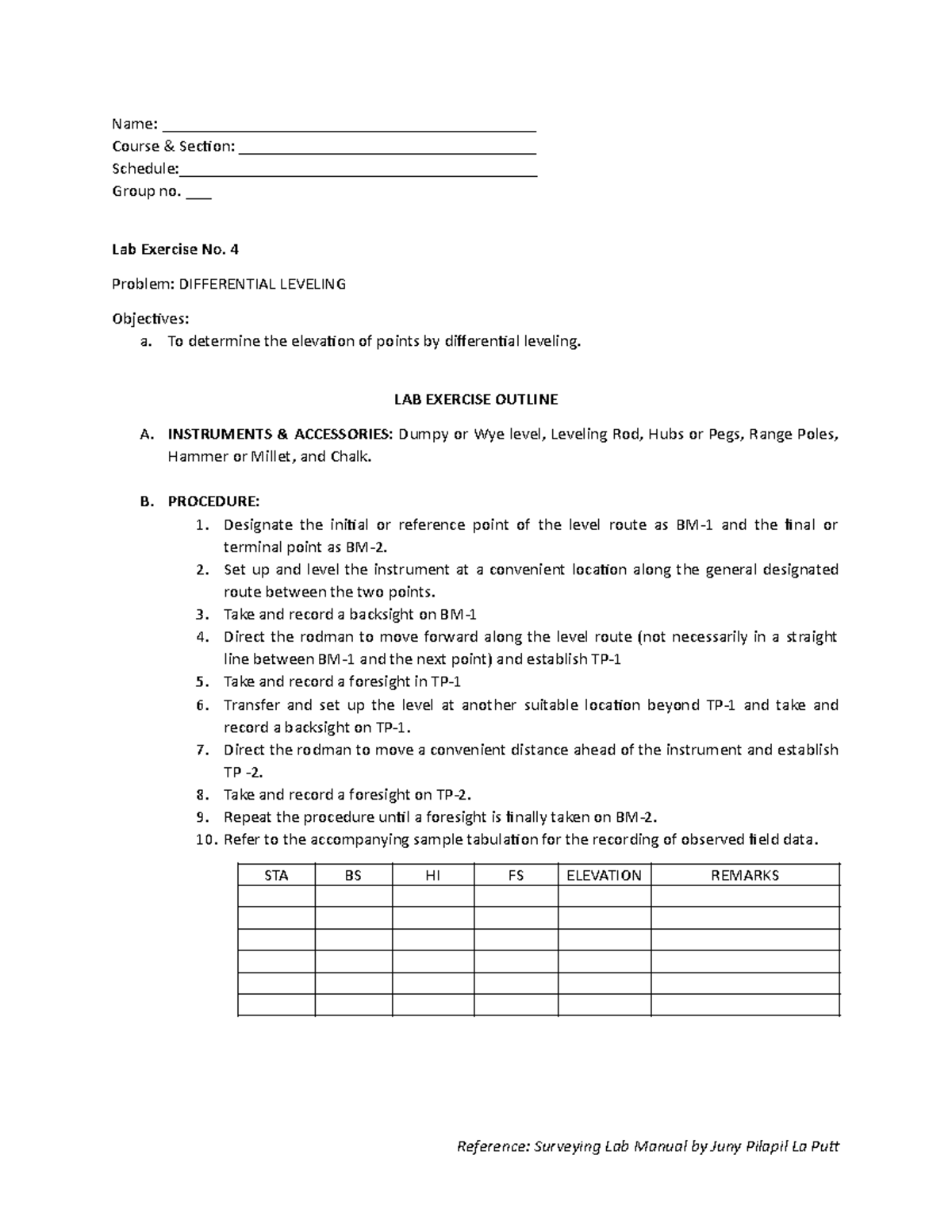 CEIN 2111 Lab Exercise No. 4: Differential Leveling Techniques - Studocu