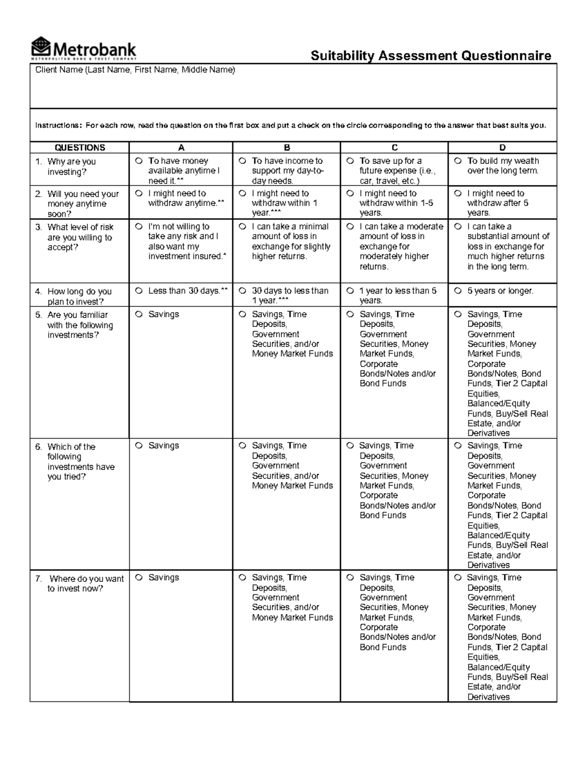 MBTC Suitability Assessment Questionnaire for Clients - Studocu