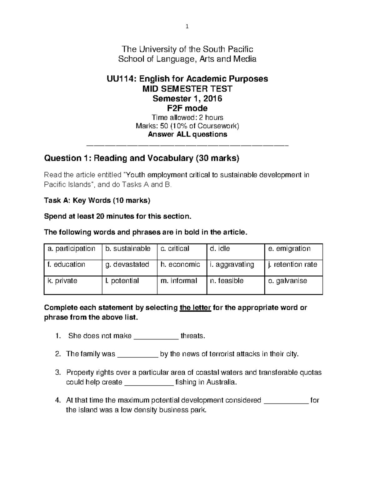 UU114 new MST 2016 S1-Sample paper based and Answers - The University ...