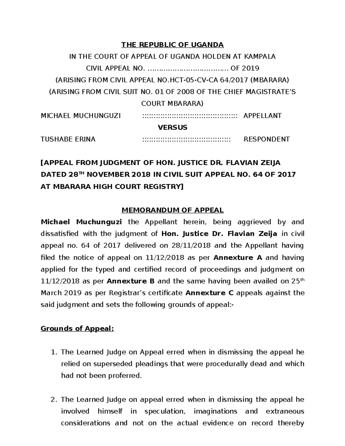 Civil Appeal No. 2019: Muchunguzi v. Tushabe - Memorandum of Appeal ...