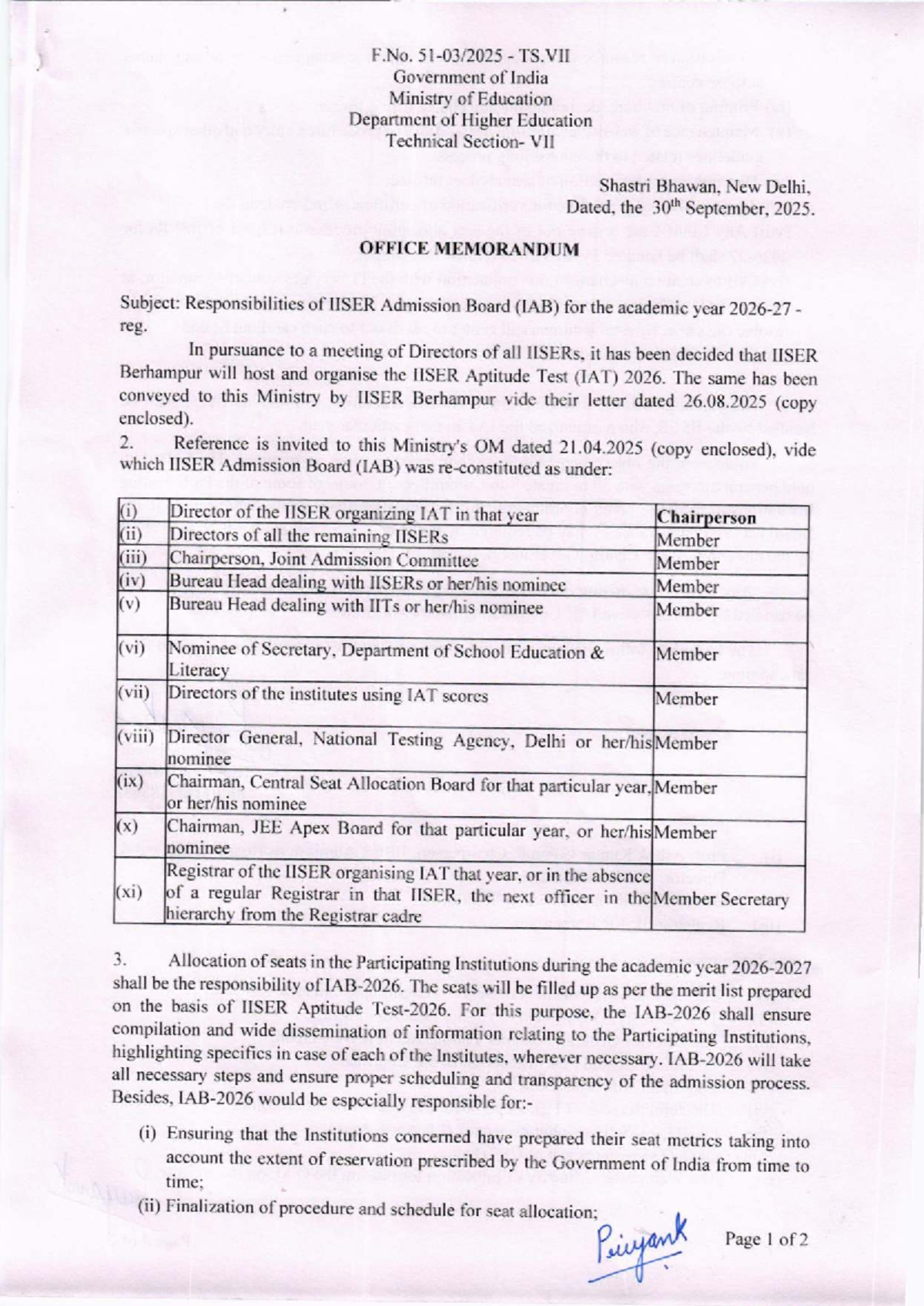 IAB2025 - Responsibilities of IISER Admission Board for IAT 2026 - Studocu