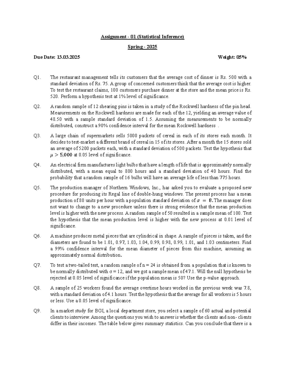Assignment 01 - Hypothesis Testing Practice in Statistical Inference ...