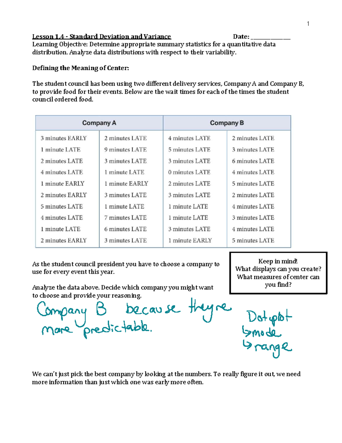 Statistical Analysis HW: Mean, Variance, & Std Dev (Lesson 1.4) - Studocu
