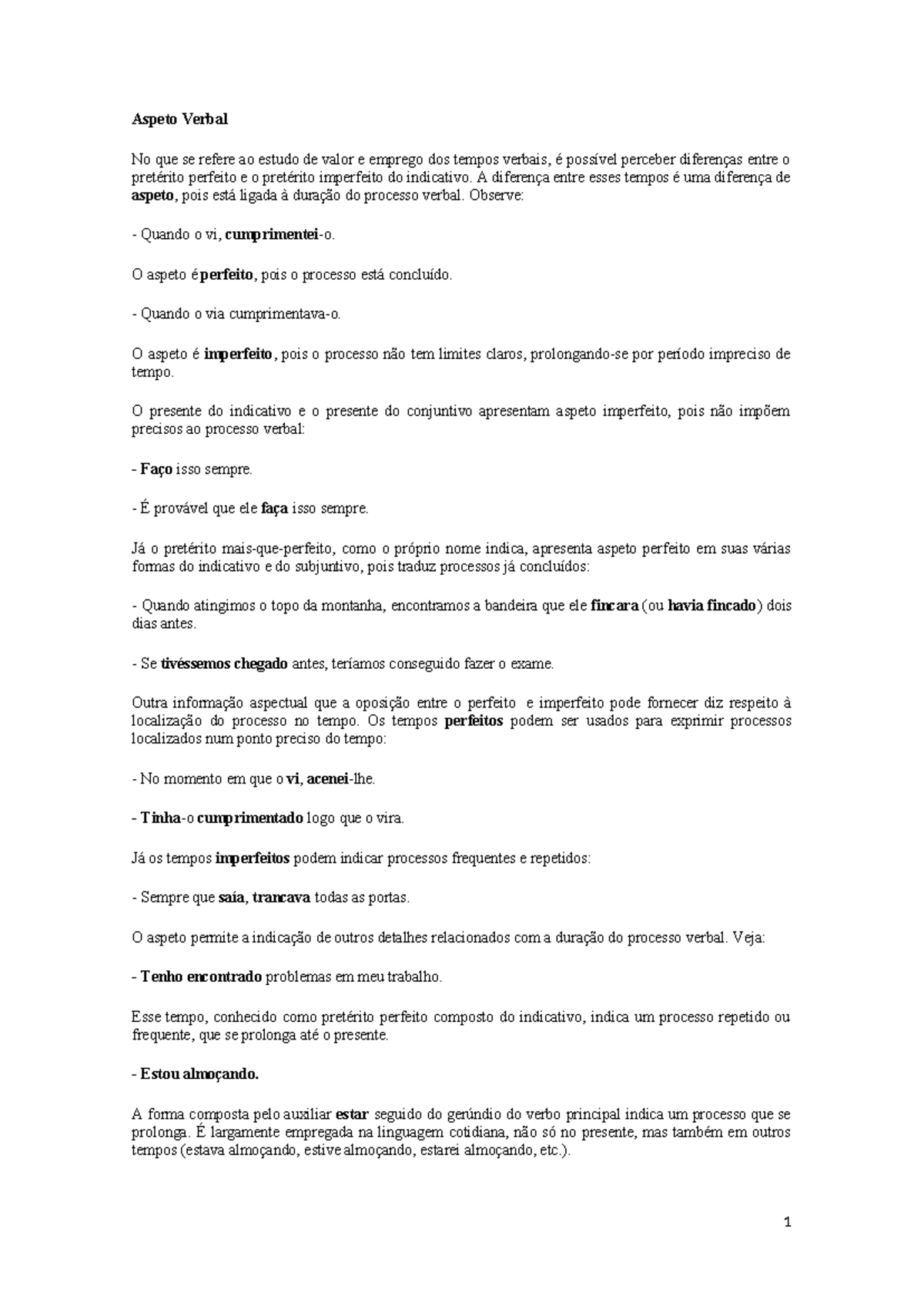 Aspeto Verbal: Diferenças entre Pretérito Perfeito e Imperfeito - Studocu