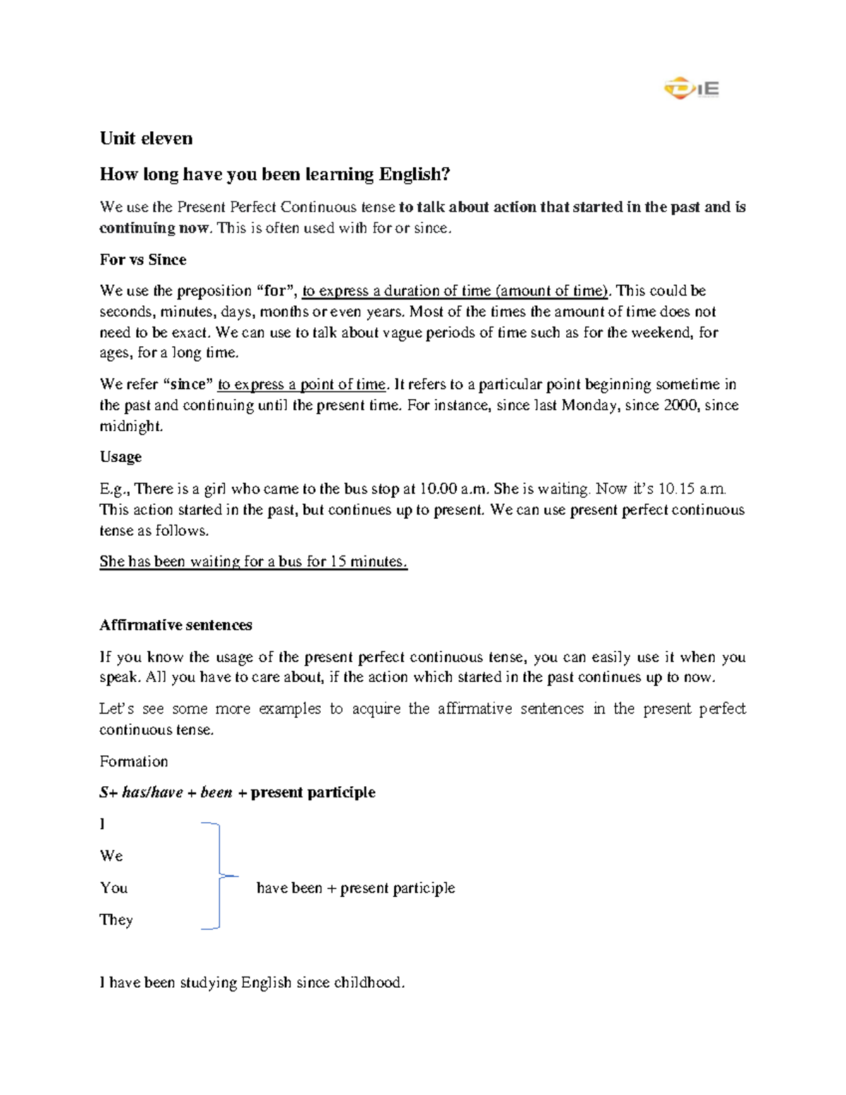 DIE U11 T - Present Perfect Continuous Tense Explained - Studocu