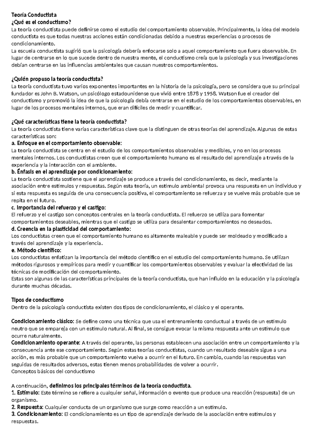 Teoría Conductista: Fundamentos y Características Clave - Studocu