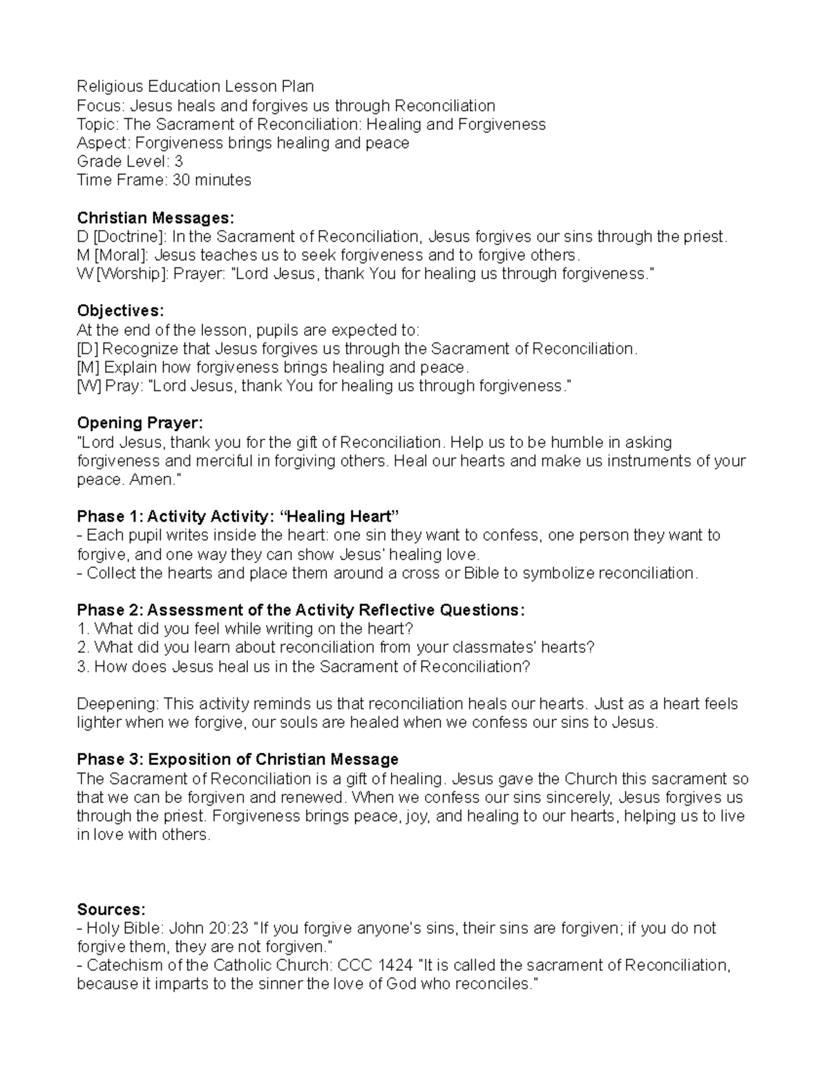 Religious Ed Lesson Plan: Jesus & the Sacrament of Reconciliation - Studocu
