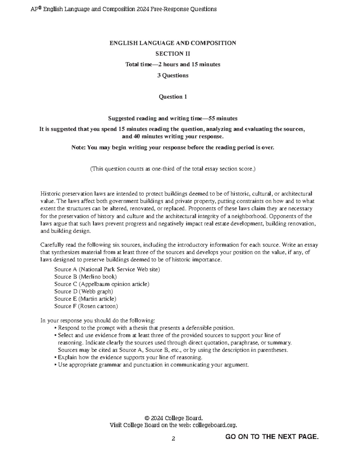 2024 English Language and Composition Q1 Essay on Historic Preservation ...