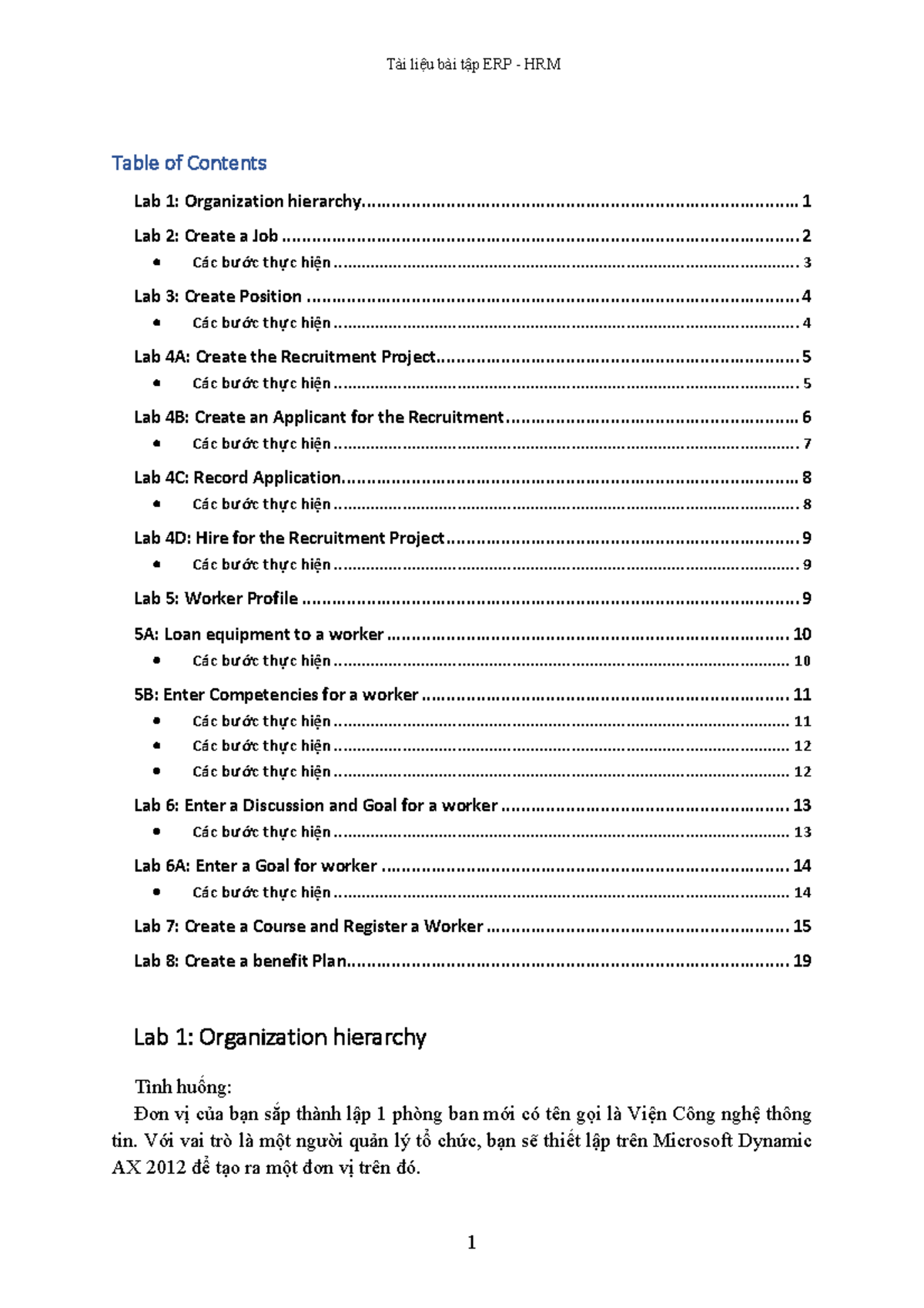 Labs-HRM 072019 2 - Bài tập Erp - Table of Contents Lab 1: Organization ...