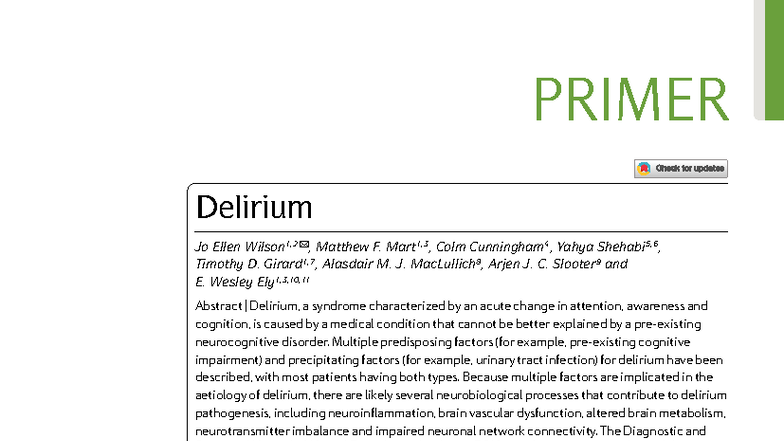 PRIMER Delirium: Understanding Pathophysiology and Management ...