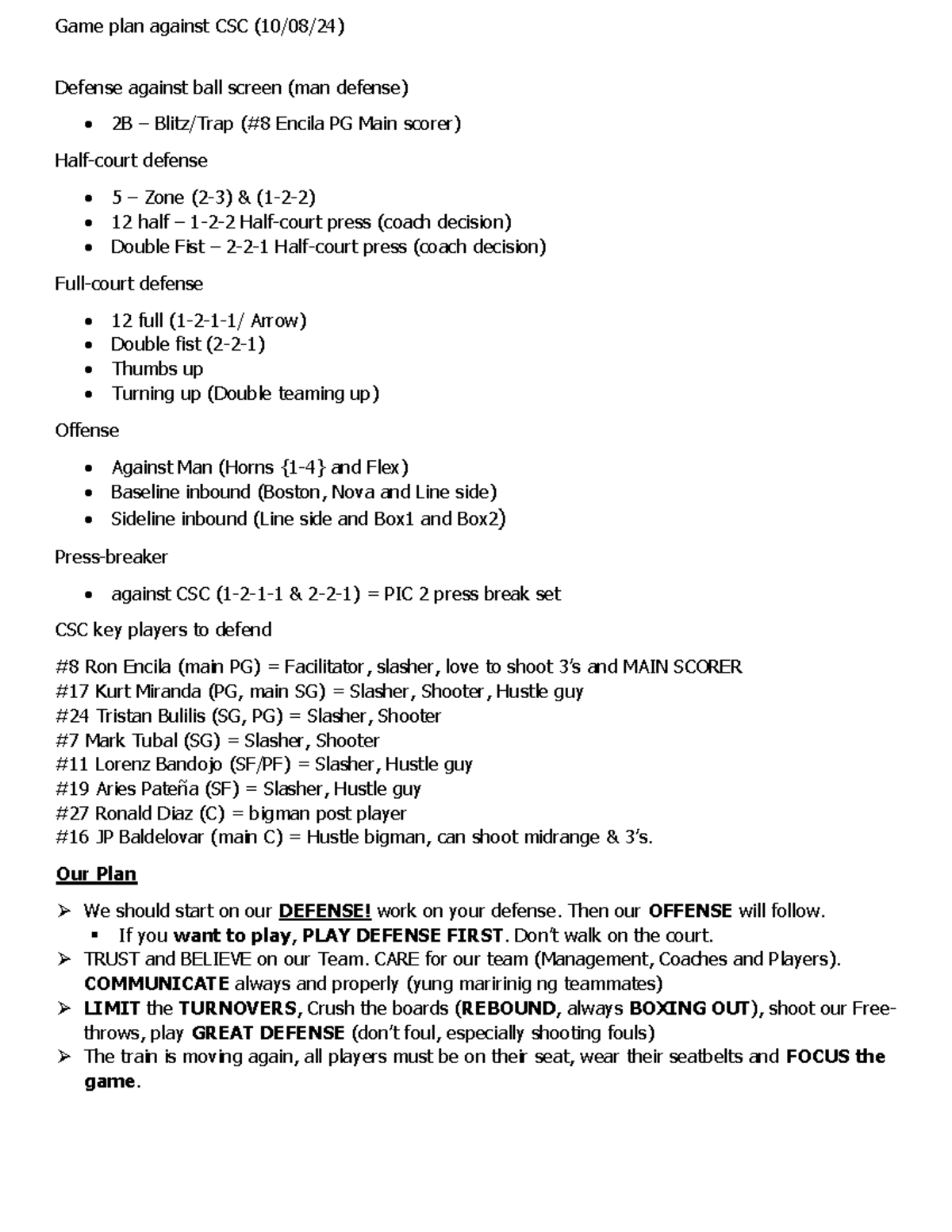 Game Plan Outline vs CSC 10/08/24: Defense & Offense Strategies - Studocu