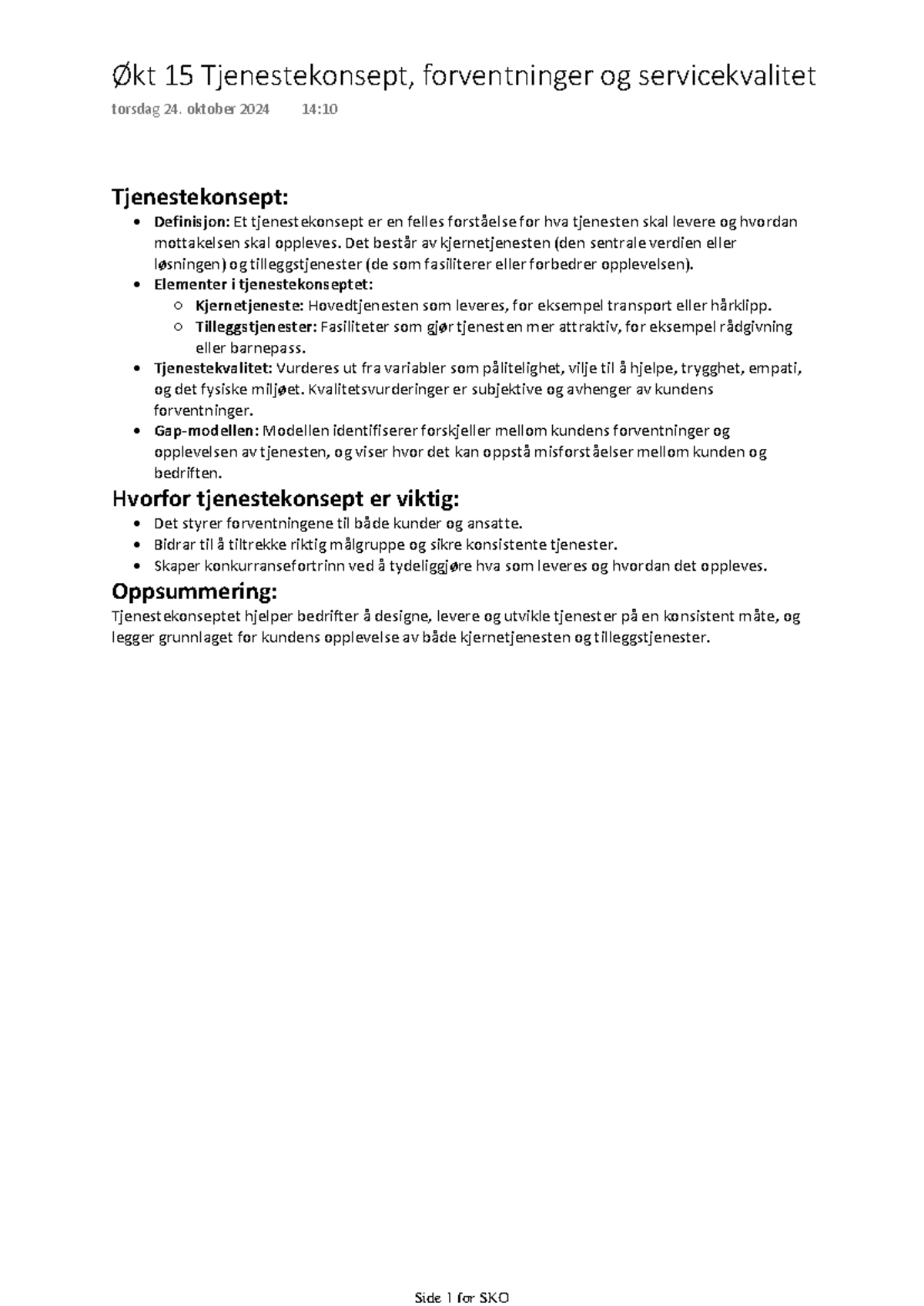 Tjenestedesign - notater - Tjenestekonsept: Definisjon: Et ...