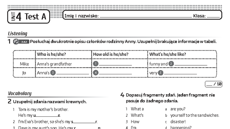 Brainy 4 Unit Test 4A - Listening and Vocabulary Assessment - Studocu